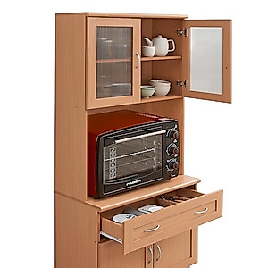 HODEDAH IMPORT Tall Standing Kitchen Cabinet with Top and Bottom Enclosed Cabinet Space, 1-Drawer, Large Open Space for Microwave in Beech