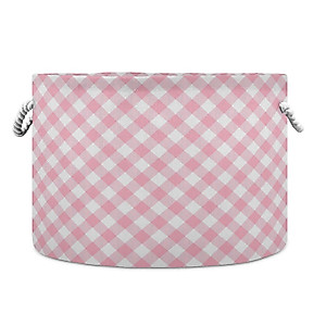 Kigai Storage Basket Pink Gingham Round Toy Baskets Foldable Nursery Organizer Waterproof Inner Layer with Sturdy Handles Clothes Laundry Hamper Bin
