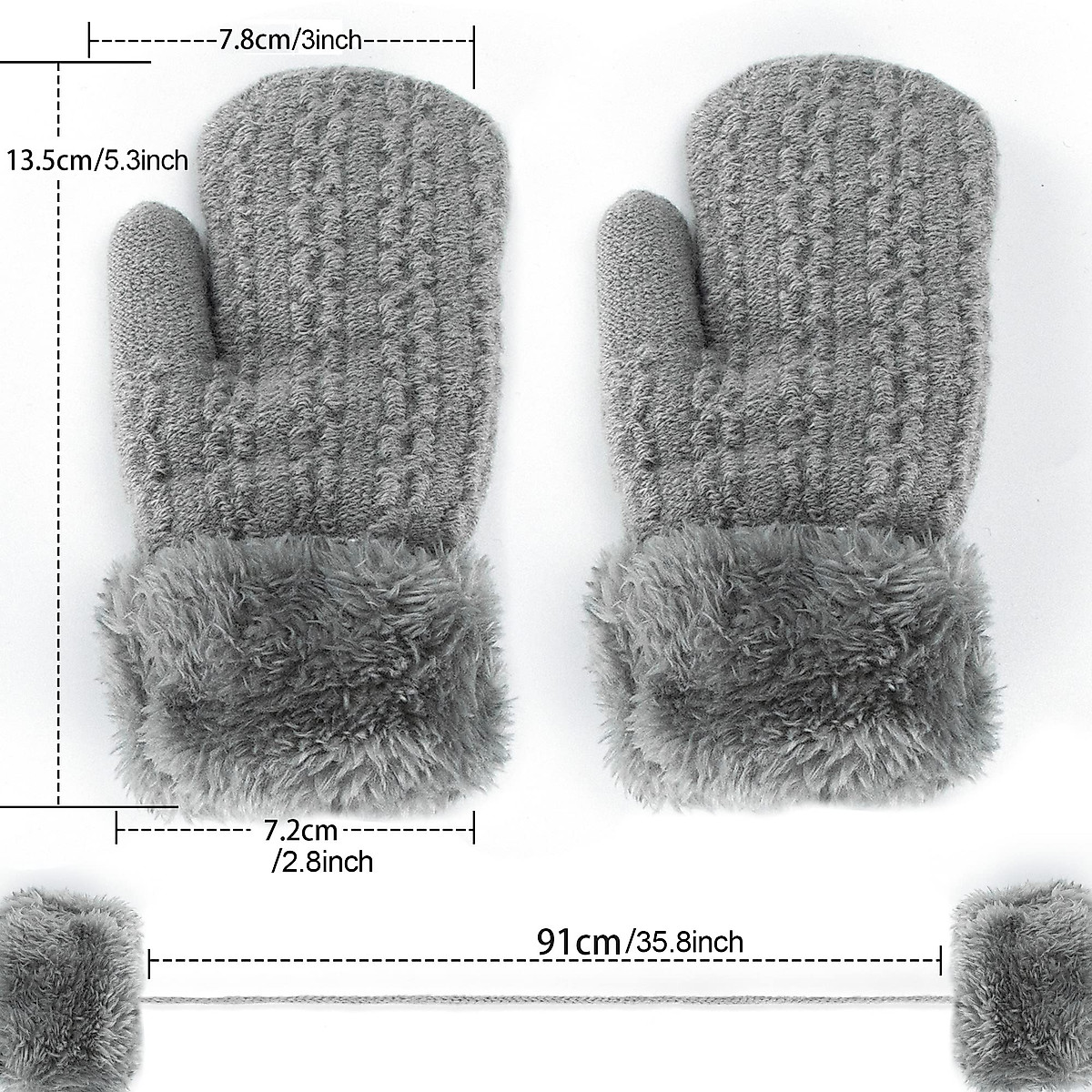 Toddlers Winter Thermal Knitted Mittens - Fleece Lined Warm Thicken Gloves with String for Boys Girls 1-4Yrs