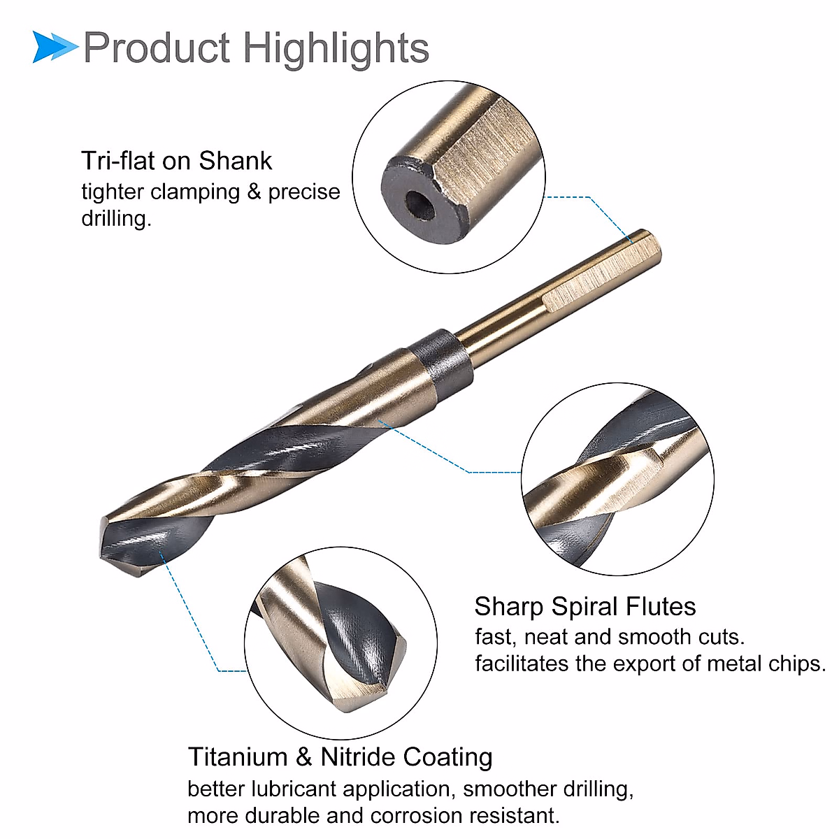 CoCud Reduced Shank Twist Drill Bits, 16.5mm Cutting Edge, Titanium & Nitride Coated High Speed Steel 4341 - (Applications: for Stainless Steel Drilling Machine)