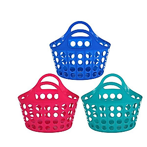 Greenbrier KDZO Set of 3 Colorful Plastic Totes with Handles in Teal, Blue, & Hot Pink Plastic Carrying Basket, Beach, Grocery Carrying Tote, Nesting Essentials Small Oval Slotted Basket with Handles