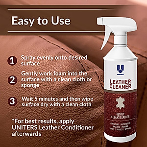 UNITERS Leather Cleaner Foam Solution - Leather Care Stain Remover & Cleaner for Car Interior - Car Leather Seat Cleaner, Faux Leather, Furniture, Handbags, Upholstery, Shoes & More 500ml 16.9 oz
