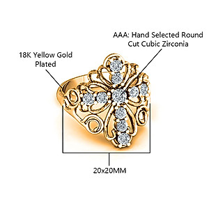 Savlano 18K Yellow Gold Plated Round Cut Cubic Zirconia Filigree Cross Ring Women Religious Ring (7)