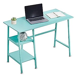 VECELO Computer Writing Wooden Study Table with 2 Tier Storage Shelves on Left or Right for Laptops, Modern Simple Workstation with Metal Frame for Home Office, Ladder Desk, Blue +Blue Leg
