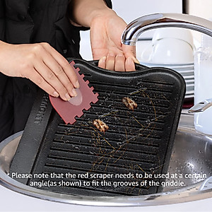 Overmont Pre-seasoned 17x9.8" Cast Iron Reversible Griddle Grill Pan with handles for Gas Stovetop Open Fire Oven, One tray, Scrapers Included