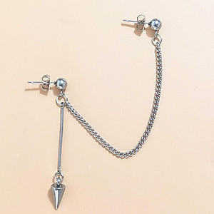 Double Ball Spike Piercing Chain Minimalist Dangle Drop Stud Cuff Earrings for Two Holes Men Women Boys 2nd Ear Cartilage Stainless Steel Fashion Punk Climber Crawler Threader Tassel Dangling Hypoallergenic Gifts for Birthday Bff