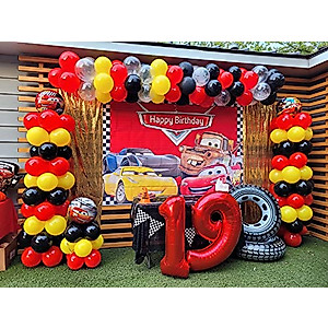 GYA 7x5ft Cartoon Racing Mobilization Birthday Themed Backdrops Racing Flag Black White Grid Red Photo Backgrounds for Photography Party Banner Photo Booth Props