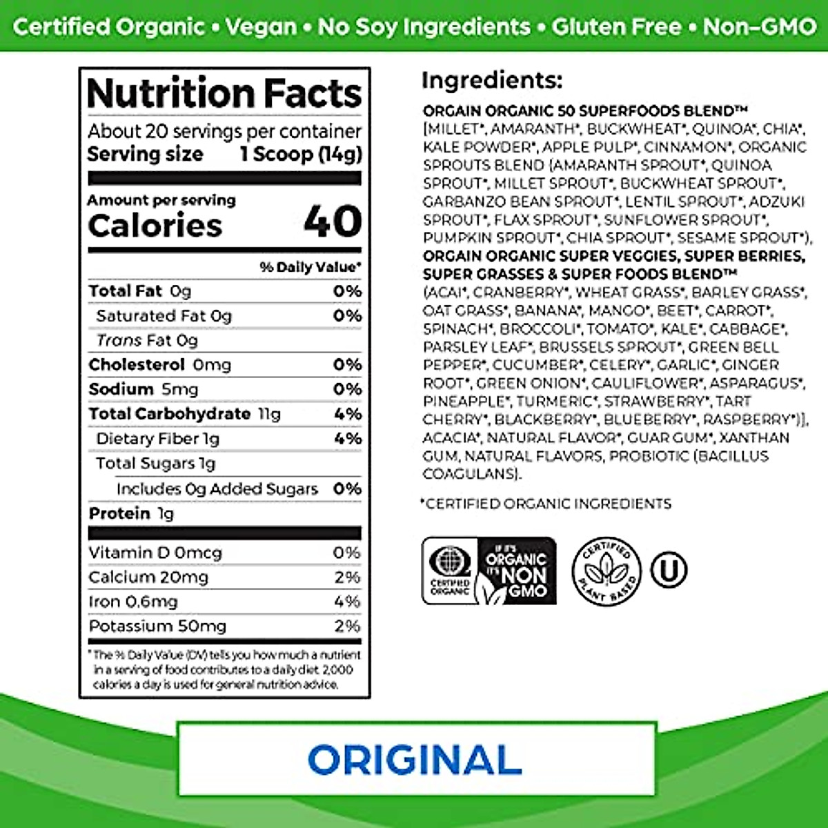 Orgain Organic Green Superfoods Powder, Original - Antioxidants, 1 Billion Probiotics, Vegan, Dairy Free, Gluten Free, Kosher, Non-GMO, 0.62 Pound (Packaging May Vary)