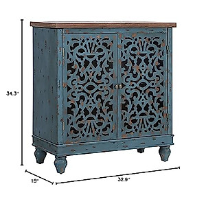 Sophia & William Accent Cabinet with Doors, Distressed Display Storage Cabinet with Wooden Frame and Hollow-Carved Floral Patterns for Entryway Living Room, Blue