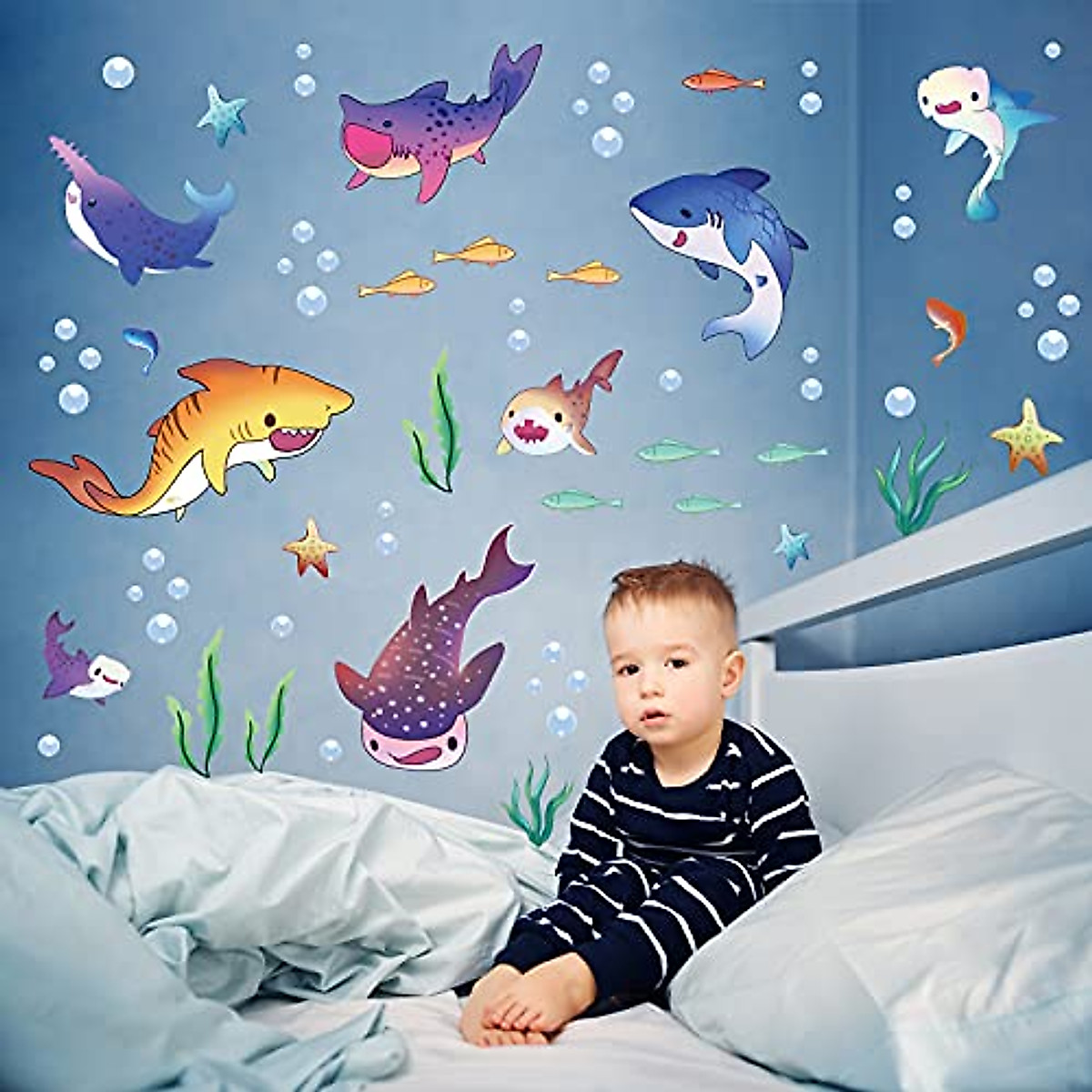 MESU Cartoon Shark Glow in The Dark Stickers Luminous Wall Decals Underwater World Home Ceiling Decor for Boys Room Nursery Kids Gift Shark