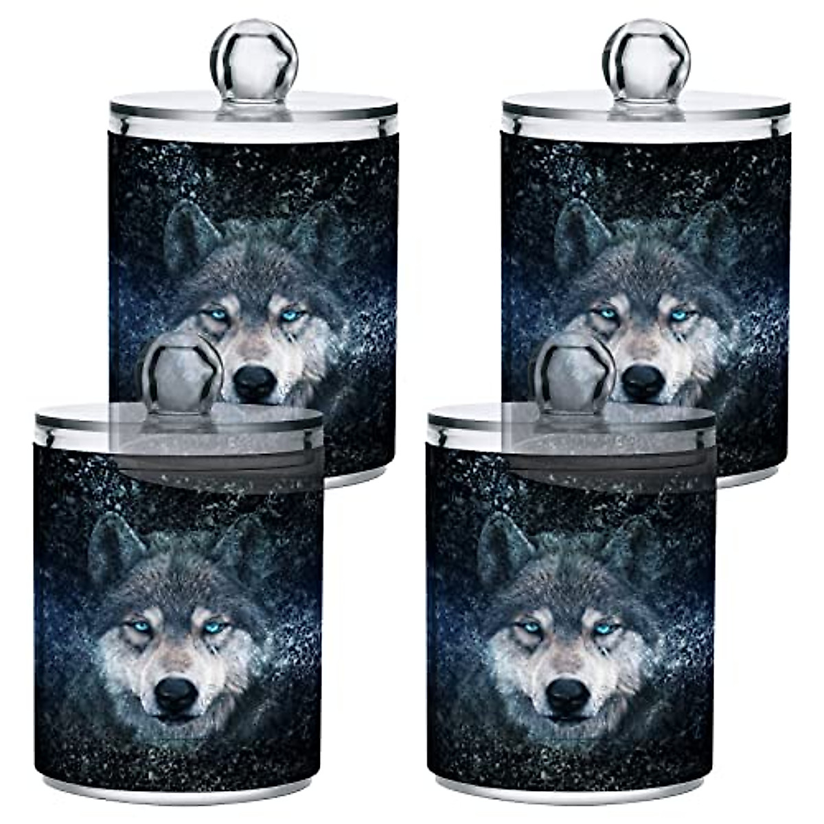 Blueangle 4 Pack Cute Wolf Qtip Holder Dispenser for Cotton Ball, Cotton Swab - Plastic Apothecary Jar Set for Bathroom Canister Storage Organization（1155）