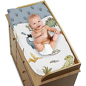 Sweet Jojo Designs Watercolor Dinosaur Dino Baby Boy Changing Pad Cover Infant Newborn Diaper Table Change Mat Sheet Green Slate Blue White Modern Dinosaurs Jurassic Animal Tracks Footprint Steel