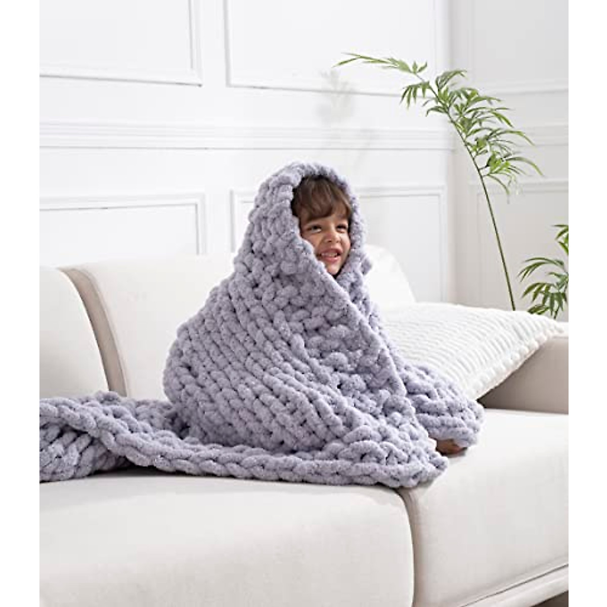 clootess Chunky Knit Blanket Chenille Throw - 100% Hand Knit with Jumbo Chenille Yarn Soft Cozy for Sofa Bed Home Decor (Grey 24x40 in)