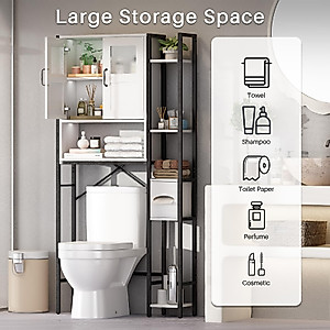 Over The Toilet Storage with Cabinet, Bathroom Storage Organizer above Toilet with Heavy-duty Metal Frame & Adjustable Shelf, Freestanding Space-Saving Storage Rack for Laundry Room,Bathroom (White)