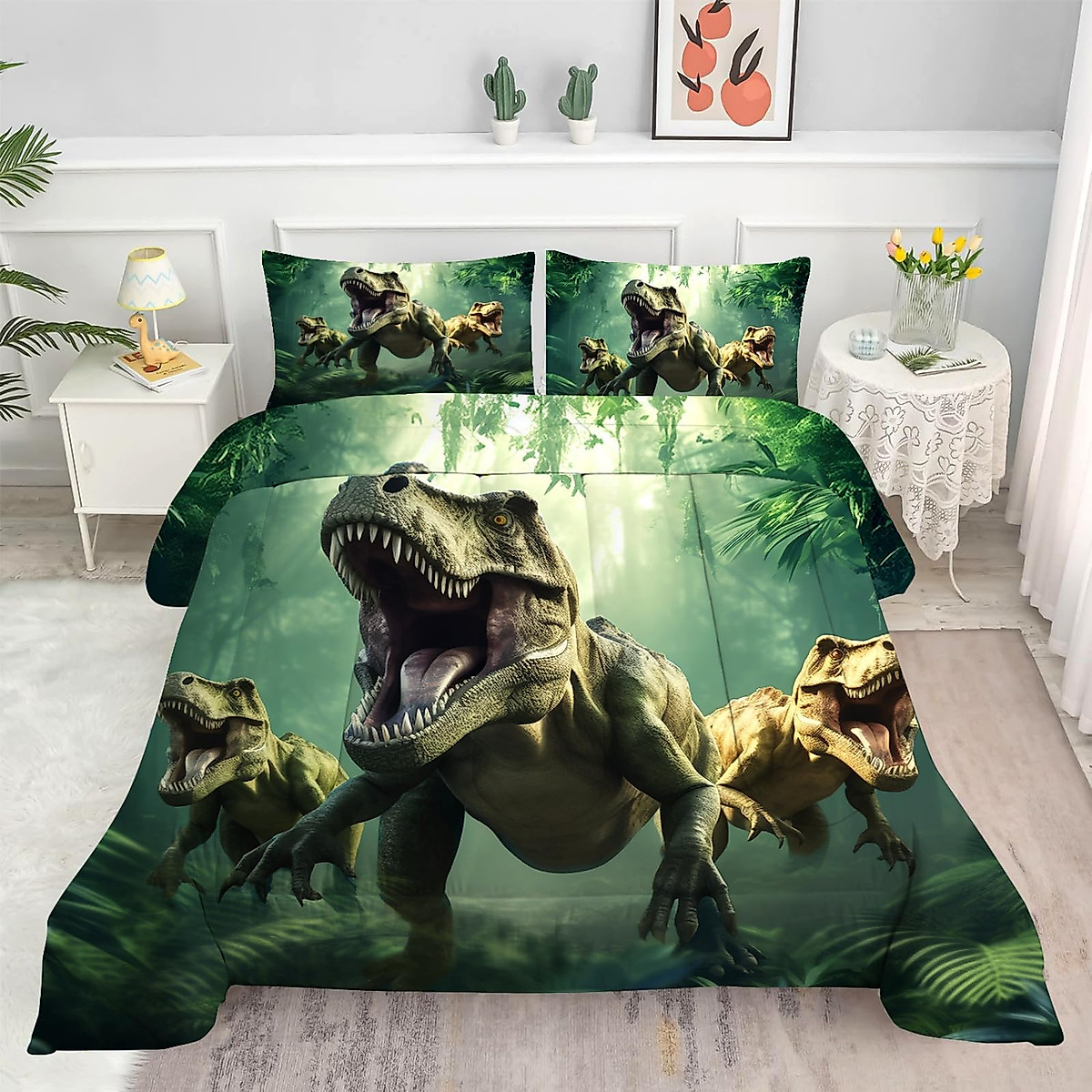 VTKON Kids Dinosaur Comforter Set Twin Size for Boys Green Dinosaur Quilt Set Soft Microfiber Dinosaur Bed Set for All Season Use Dinosaur Bedding Set with 1 Comforter + 1 Pillowcase