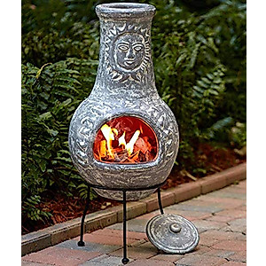 Outdoor Clay Chiminea Fire Pit Overall Size 34.2 inch Tall - Patio Handcrafted Chimenea, Backyard Fireplace with Cover Lid, Rustic Ceramic Chimney