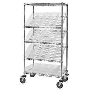Quantum Storage Systems WRCSL5-63-1836-104CL 5-Tier Slanted Wire Shelving Suture Cart w/ 20 QSB104 Clear Shelf Bins, 2 Horizontal & 3 Slanted Shelves, Chrome Finish, 69" H x 36" W x 18" L