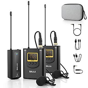 BALILA Wireless Lavalier Microphone System UHF Dual Lavalier Mic Lapel Microphone for iPhone/Android, DSLR Camera Microphone Real-time Audio Monitor Recording Vlog (2T1R)