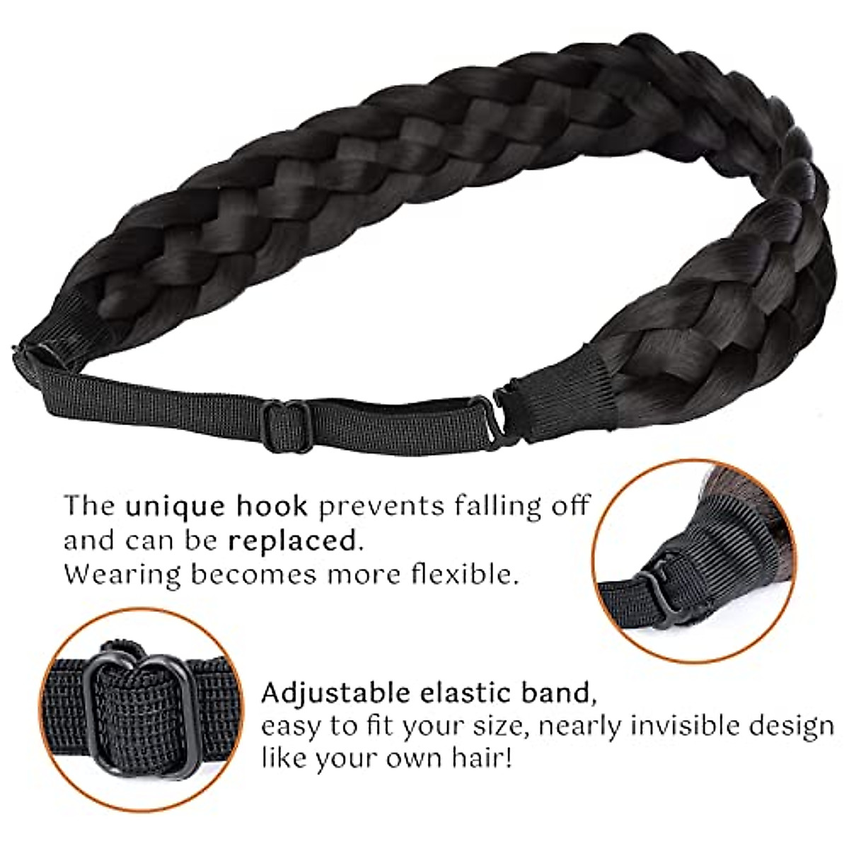 DIGUAN 5 Strands Synthetic Hair Braided Headband Classic Chunky Wide Plaited Braids Elastic Stretch Hairpiece Women Girl Beauty accessory, 56g (#Deep Brown)