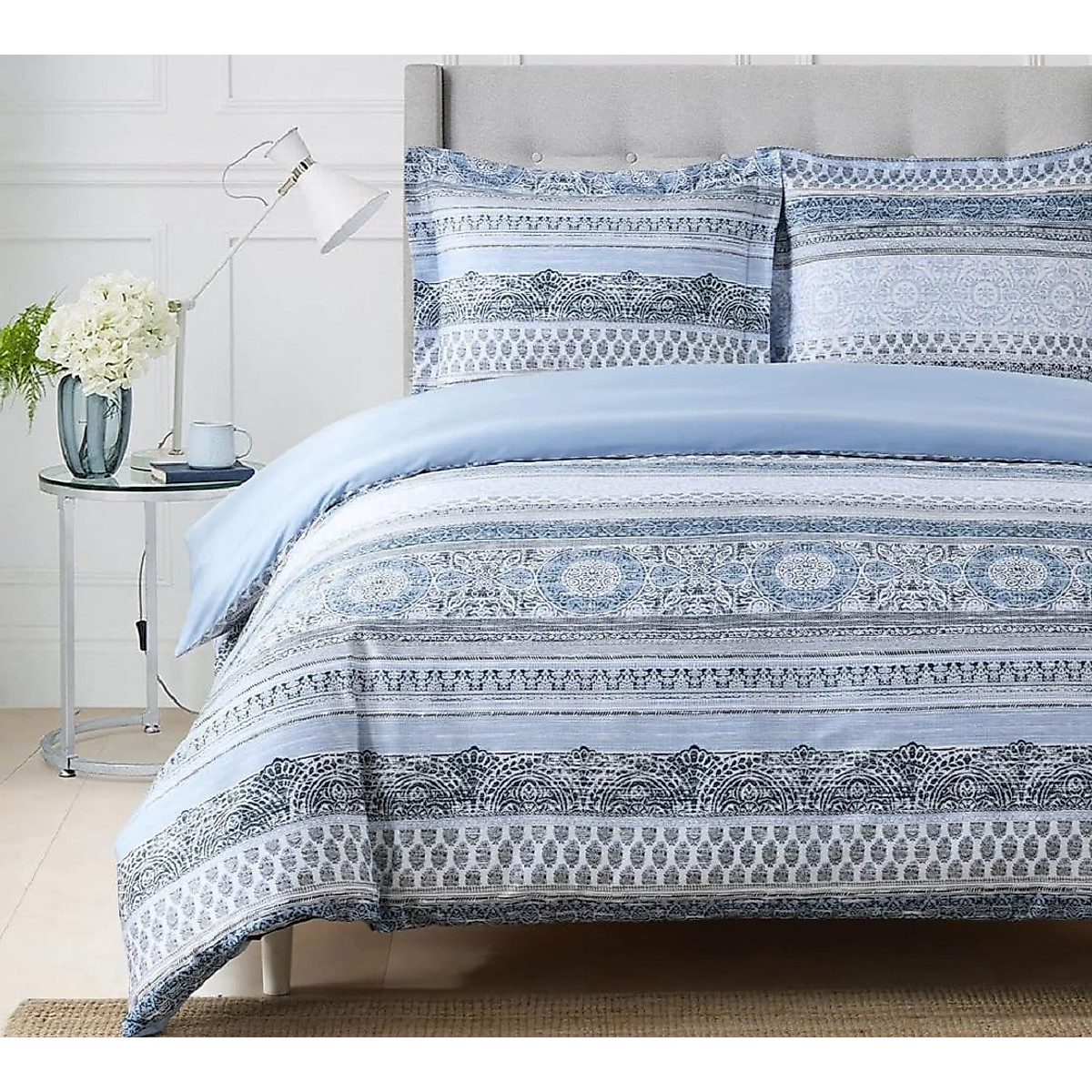 Royal Tradition 3pc 100% Cotton Duvet Cover Set (King/Calking) Medallion Blue Comforter Cover with Pillow Shams