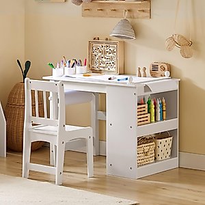 Haotian 2 in 1 Kid's Table and Chair Set, Art Table with Paper Roller, Paint Cups and Storage Shelves, Painting Table Set for Arts, Crafts and Writing, White, KMB60-W