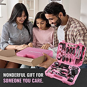 WORKPRO Pink Tool Set with Power Drill, 108PCS Portable Ladies Pink Drill Kit for Home with Toolbox including Pink Hammer, 1.5 Ah Cordless Hand Drills with Keyless Chuck and Variable Speed Trigger