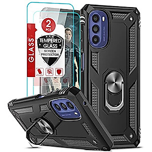 LeYi for Moto G 5G 2022 Case: Moto G 5G Case with 2 Pcs Tempered Glass Screen Protector for Men Women, [Military-Grade] Heavy Duty Protective Case with Magnetic Ring Stand for Moto G 5G 2022, Black