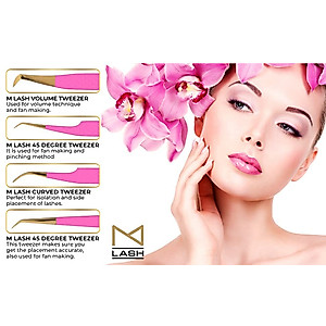 M LASH Tweezers for Eyelash Extensions (Set of 4) - Professional Lash Extension Tweezers - Fiber Tip, Japanese Steel, Diamond Grip Eyelash Extension Tweezer (Silver)