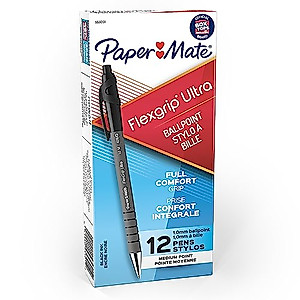 Paper Mate FlexGrip Ultra Retractable Ballpoint Pens, Medium Point, Black, Box of 12