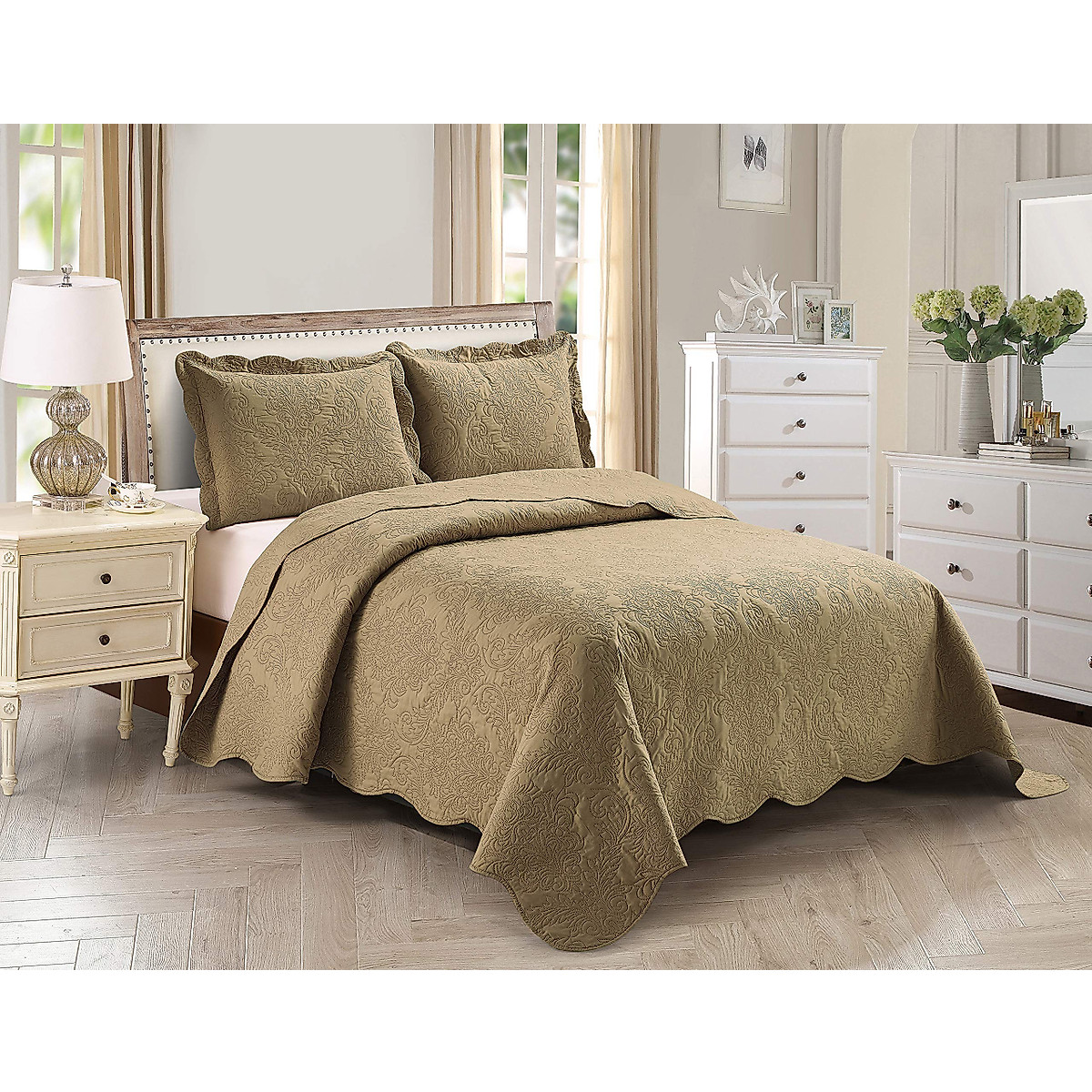 Home Collection Over Size Elegant Embossed Bedspread Set Light Weight Solid Color New (Taupe, King/Cal King)