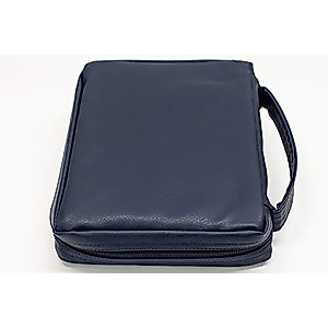 Blue Embossed Cross with Front Pocket Leather Look Bible Cover with Handle, Large
