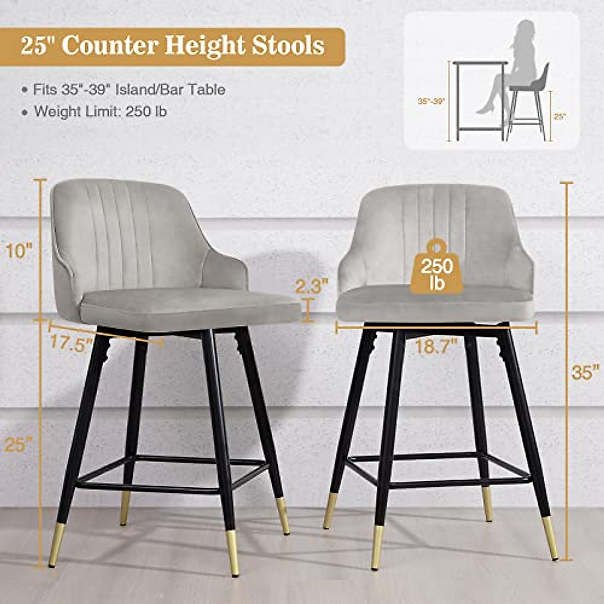 Swivel Barstool Set of 2: 25" Counter Height Bar Stools, Modern Bar Stools for Kitchen Island, Velvet Counter Stool with Back,Island Chairs for Kitchen Counter, 2 Counter Stools, Grey Bar Chair