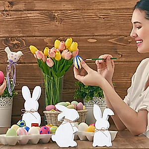 3 Pcs Easter Bunny Table Wooden Signs with Rope Easter Spring Wooden Tiered Tray Decor Rabbit Tabletop Party Centerpiece Signs Spring Decorations for Home Dining Room Desk Office (White)