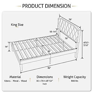 SHA CERLIN King Size Upholstered Platform Bed with Curved Rhombic Button Tufted Headboard, Easy Assembly, Light Grey