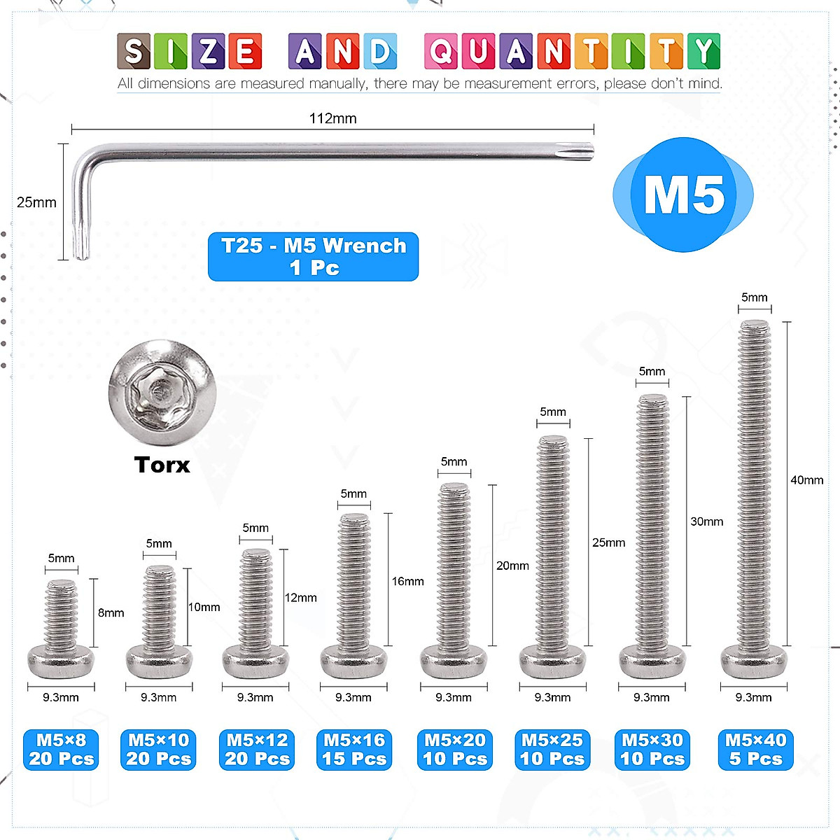 Glarks 111Pcs M5 x 8mm 10mm 12mm 16mm 20mm 25mm 30mm 40mm Pan Head Torx Security Screws 304 Stainless Steel Tamper Resistant Screws Assortment Set with T25 Wrench