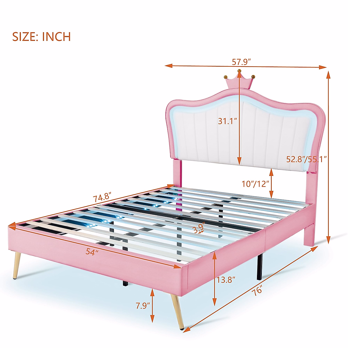 Full Size Modern Upholstered Princess Bed with Crown Headboard and LED Lights, PU Leather Wood Platform Bed Frame with Slat Support and Metal Feets, No Box Spring Needed (Full, White+Pink-01)