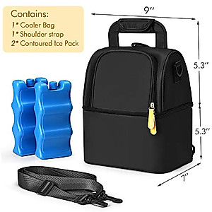 NCVI Breastmilk Cooler Bag with Ice Pack, Insulated Lunch Bag for Women Men, Baby Bottle Bag Fits 6 Bottles for Nursing Mom Daycare, Double Deck Cooling Bag, Work, Picnic (Black)