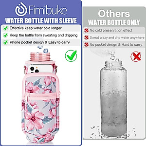 Fimibuke 32 oz Water Bottle with Sleeve - BPA Free Leakproof Sport Large 1L Plastic Motivational Water Bottle with Straw Strap Insulated Neoprene Holder Carrier Bag for Women Men (A4.Peach Blossom)