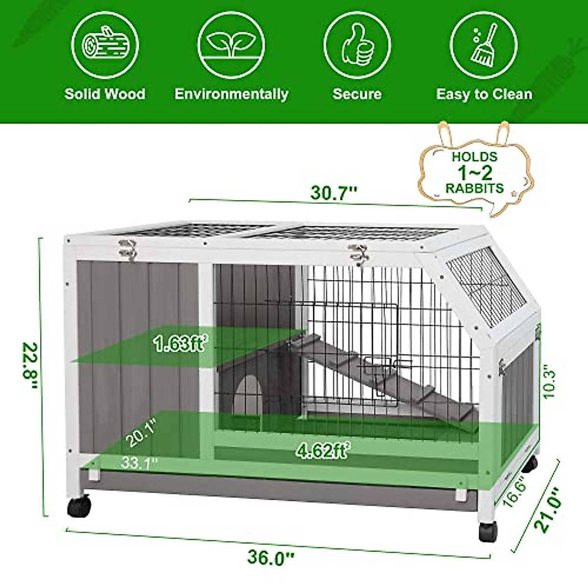 Gowoodhut Rabbit Cage On Wheels Outdoor Rabbit Hutch with Ramp, Pull Out Tray Indoor Wooden Guinea Pig House Bunny Hutch for for 1-2 Rabbit Guinea Pig Hedgehogs （GREYWHITE）