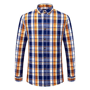 Men's Cotton Striped Dress Shirt Regular Fit Button Down Casual Shirts Plaid Turn-Down Collar Long Sleeve Shirts (Blue 4,42)