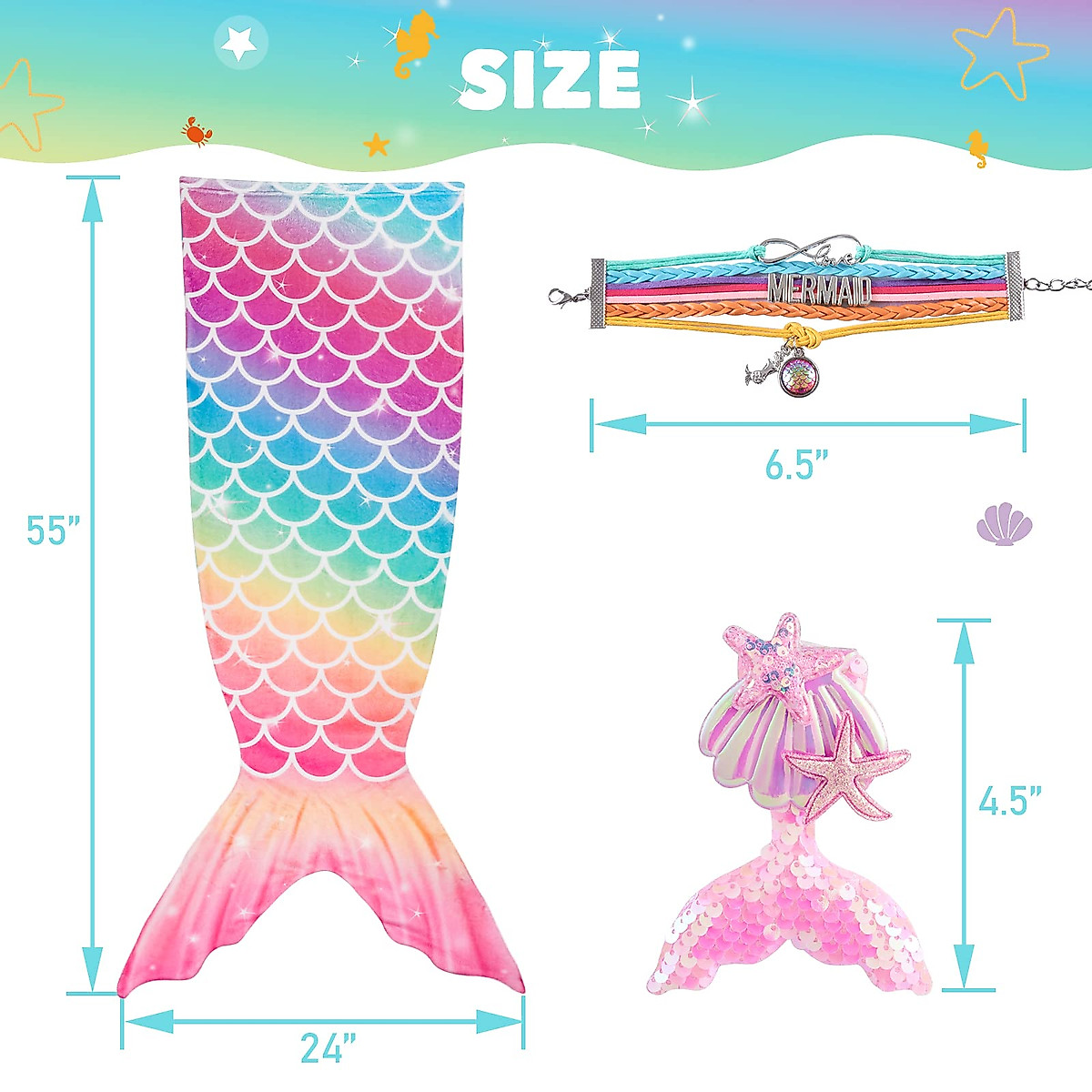 WERNNSAI Mermaid Tail Blanket - Wearable Mermaid Soft Blanket with Hairpin and Bracelet for Girls Kids Rainbow Soft Flannel Snuggle Blanket 55’’ x 24’’ Gift for Birthday Christmas