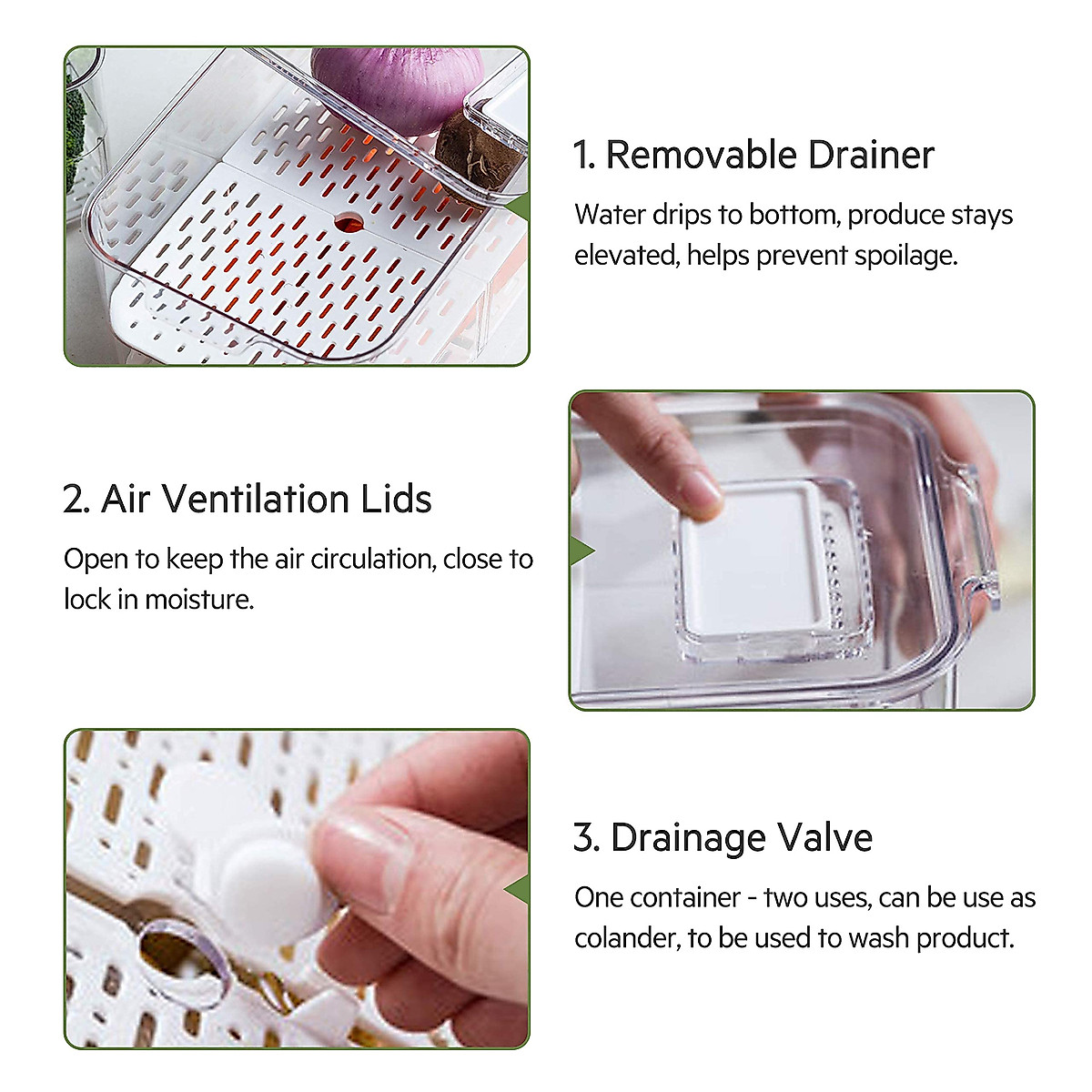 elabo Food Storage Containers Fridge Produce Saver- Stackable Refrigerator Organizer Keeper Drawers Bins Baskets with Lids and Removable Drain Tray for Veggie, Berry and Fruits