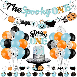 K KUMEED Halloween 1st Birthday Party Decorations,The Spooky One Banner Cute Ghost Eyeballs Pumpkin Cake Topper and Latex Balloons for Halloween First Birthday Boys Halloween Birthday Party Supplies