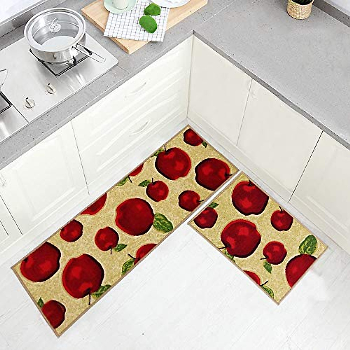 Wolala Home 3 Piece Sets Rubber Backing Non-Slip Red Apple Kitchen Rug and Carpet Machine Washable D-Shape Doormat Bathroom Foot Pads Thin (3pcs Sets, Multi)