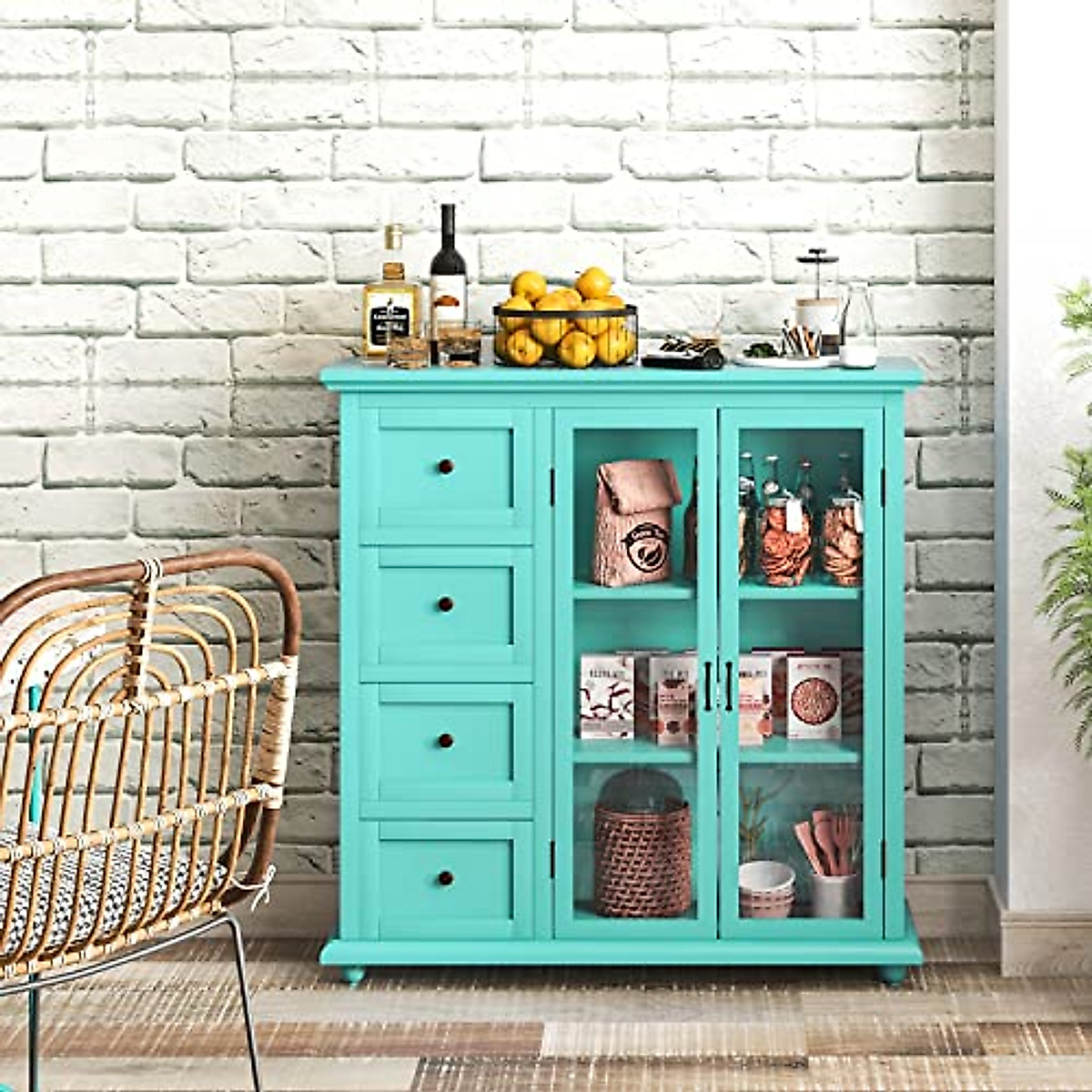 Giantex Buffet Sideboard with Storage - Kitchen Pantry Cabinet with 2 Doors, 4 Drawers, Adjustable Shelf, Freestanding Cupboard Credenza for Kitchen Living Room (Green)
