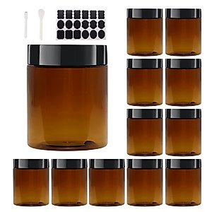 zmybcpack 12 Pack 8 OZ Amber Plastic Jars With Black Lids, 6 Spatula, A Pen & Labels - Plastic Slime Jars Storage Travel Jars for Cosmetics, Cream, Gel