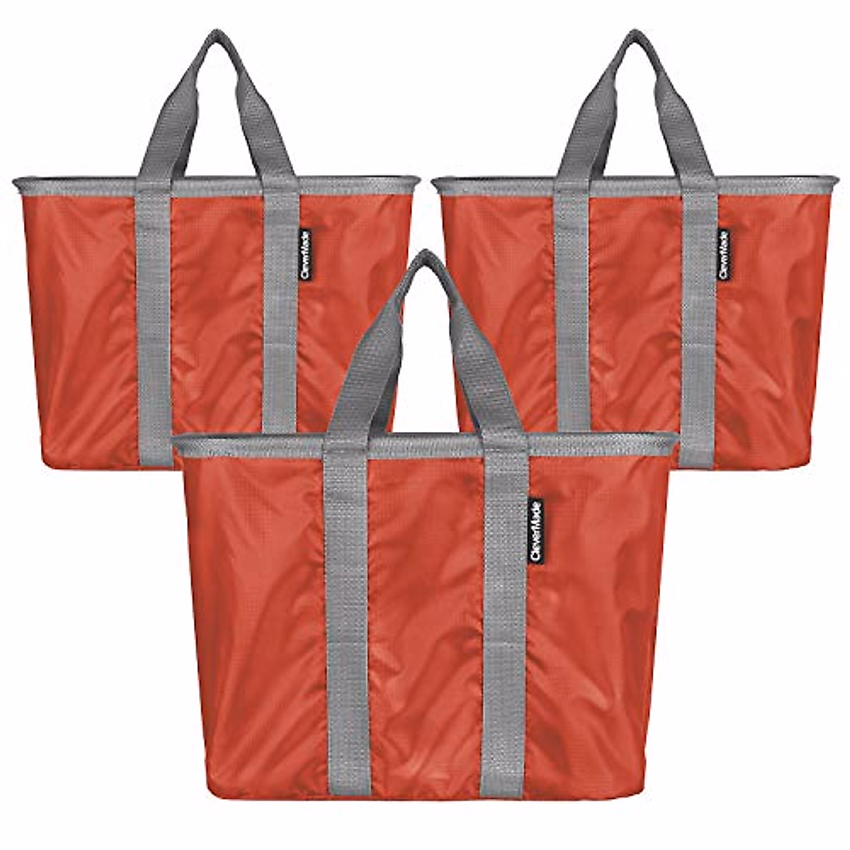 CleverMade SnapBasket Reusable Grocery Shopping Bags with Reinforced Bottom and Zippered Storage Pocket, Collapsible Durable Premium Utility Totes, 20L Size, Orange/Charcoal, 3 Pack