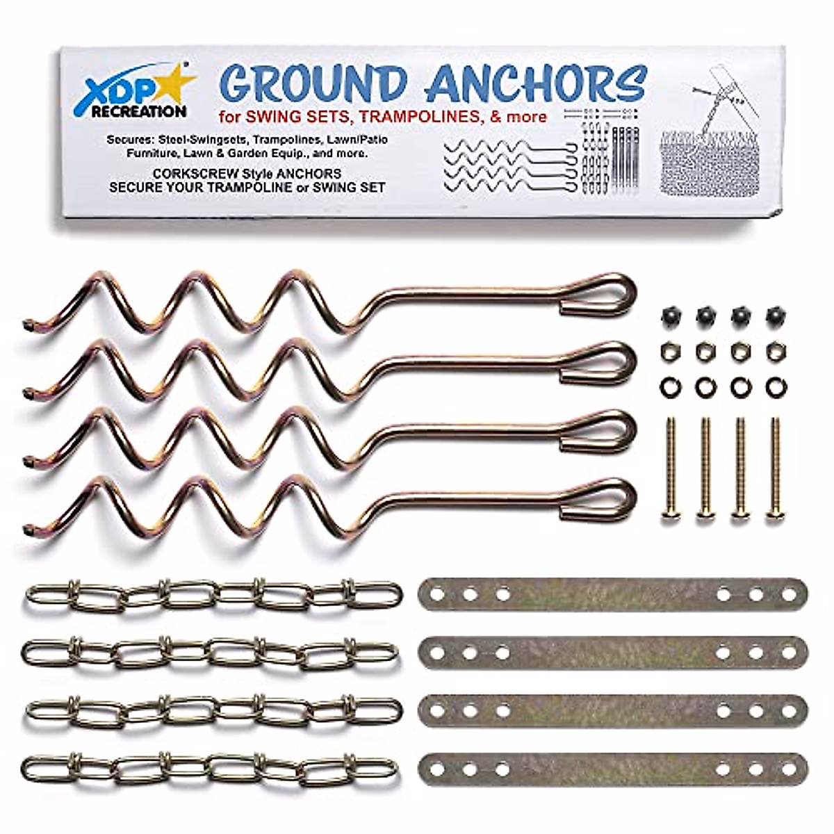 XDP Recreation Swingin' More Fun - Outdoor Backyard Playground Kids Swing Set. White/Blue & XDP Recreation 70113 Swing Set, Trampoline & Patio Furniture Metal Ground Anchor Kit Hardware, Bronze