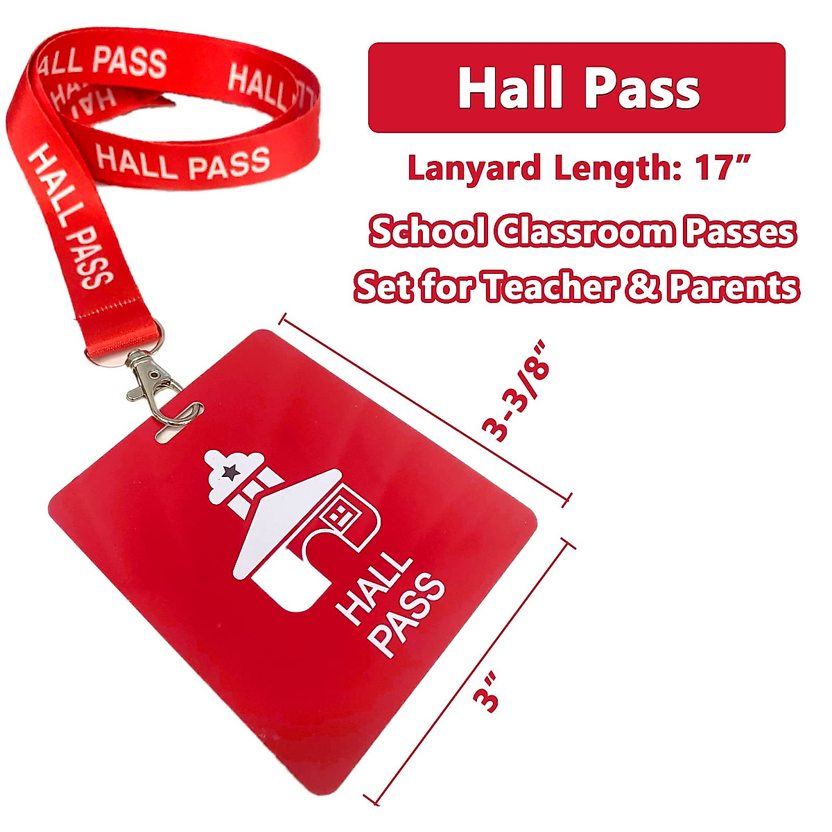 Hall Pass Lanyards with Large Card Passes, Unbreakable School Classroom Passes Set for Teacher Parents (10 X Hall Pass) (Red 10* Hall Pass)