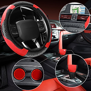 Riakrum 30 Pcs Car Accessories Set Red and Black PU Leather Steering Wheel Cover Auto Interior Accessories Gift Car Vent Trim Strips Air Conditioner Insert Strips with Installation Tool